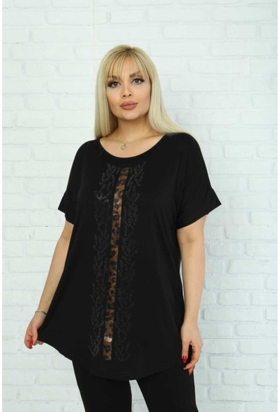ModaSehle Kadın Siyah Önü Leopar Taşlı Büyük Beden Bluz