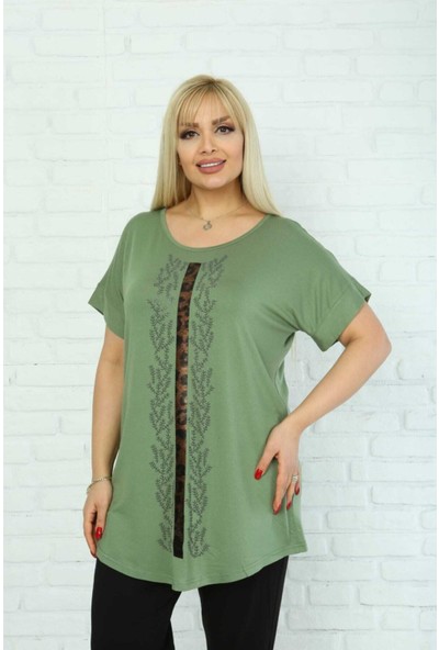 ModaSehle Kadın Yeşil Önü Leopar Taşlı Büyük Beden Bluz ModaSehle Kadın Yeşil Önü Leopar Taşlı Büyük Beden Bluz
