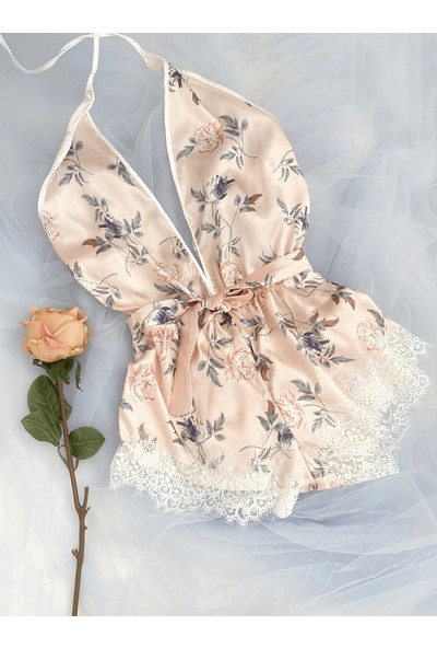 Gece İncisi Çiçekli Saten Bodysuıt