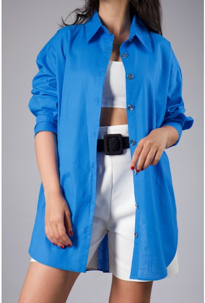 Abbra Kadın Gold Düğmeli Oversize Salaş Gömlek