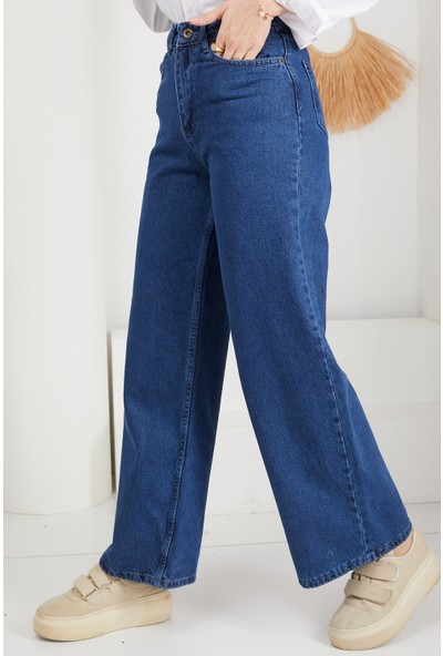 İmaj Butik Geniş Paça Tesettür Kot Pantolon /koyu Mavi