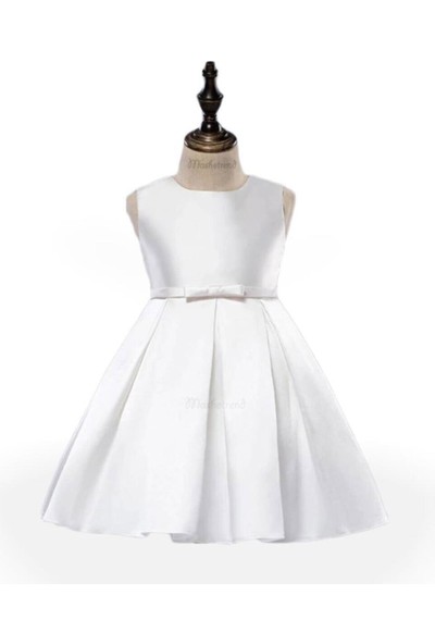 Miço Kids Beyaz Kurdelalı Parlak Kumaş Kız Çocuk Abiye-Mezuniyet Elbisesi