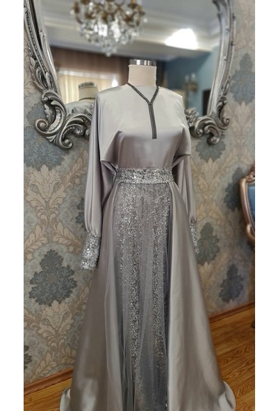 Moda Makko Modamakko Gri Payet Detaylı,saten Kumaştan Tesettür Abiye Moda Makko Modamakko Gri Payet Detaylı,saten Kumaştan Tesettür Abiye