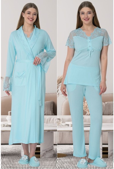 Mecit 5615 Turkuaz Dört Parça Sabahlık Gecelik Pijama Çeyiz Seti Mecit 5615 Turkuaz Dört Parça Sabahlık Gecelik Pijama Çeyiz Seti