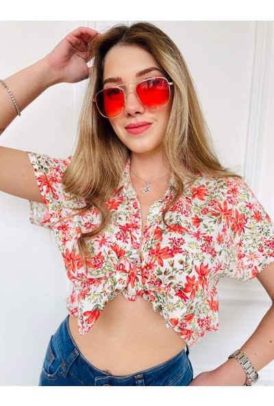 NO34STORE Turuncu Çiçekli Gömlek Kadın Çok Renkli