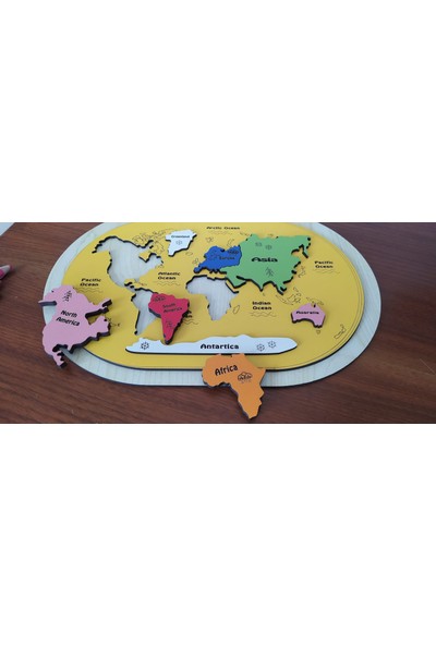 Bebek Özel Montessori Ahşap Dünya Puzzle, Renkli Kıtalar Puzzle