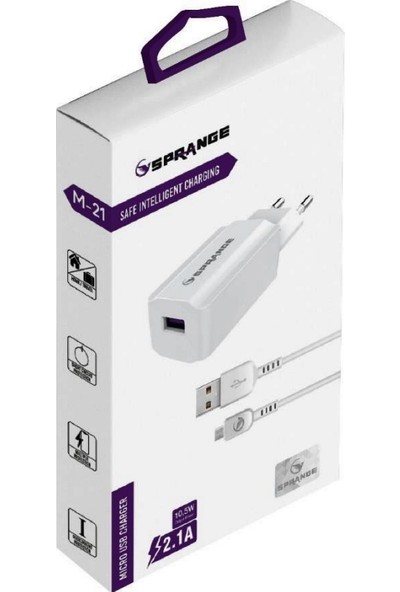 Sprange 2.1A USB Şarj Cihazı ve 1m Micro USB Kablo M21- Beyaz Sprange 2.1A USB Şarj Cihazı ve 1m Micro USB Kablo M21- Beyaz