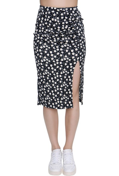 Butikburuc Kadın Siyah Papatya Desenli Yırtmaçlı Etek