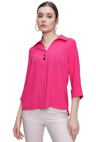 Butikburuc Kadın Fuşya Gömlek Yaka Kapri Kol Şifon Bluz