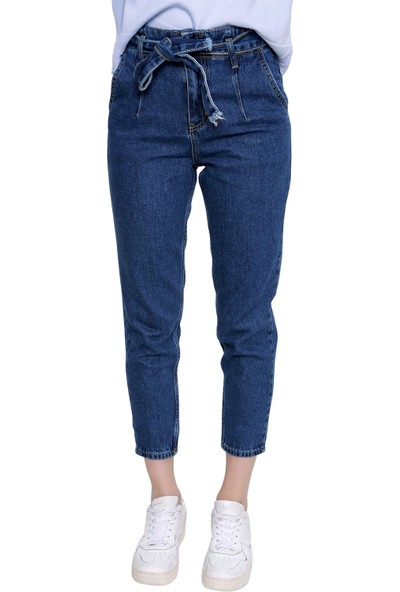 Butik Buruc Kadın Koyu Mavi Kuşaklı Kot Pantolon