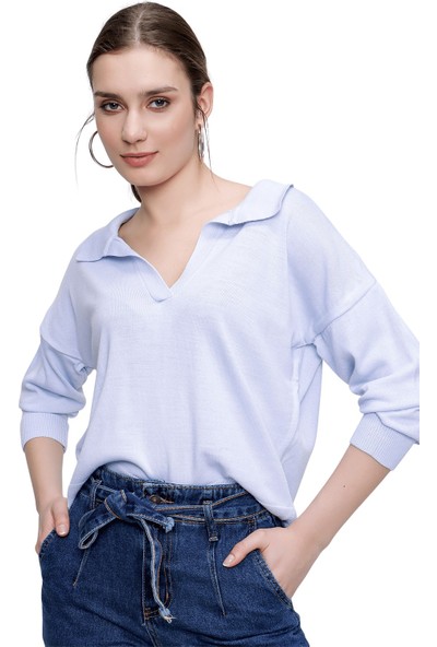 Butikburuc Kadın Bebe Mavi Polo Yaka Triko Bluz Butikburuc Kadın Bebe Mavi Polo Yaka Triko Bluz