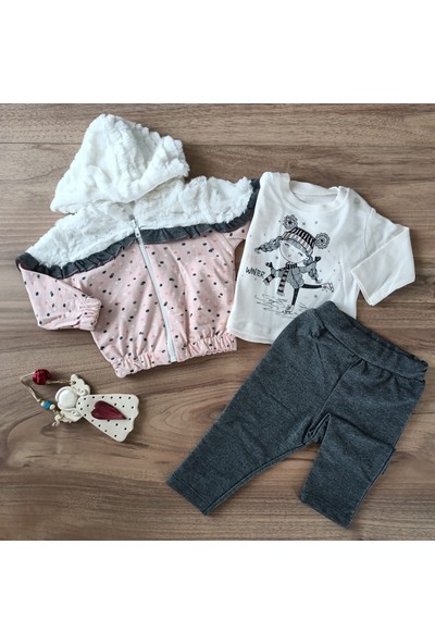 Cozzalica Collection Peluş Kapüşon Detaylı 3'lü Kız Bebek Takım