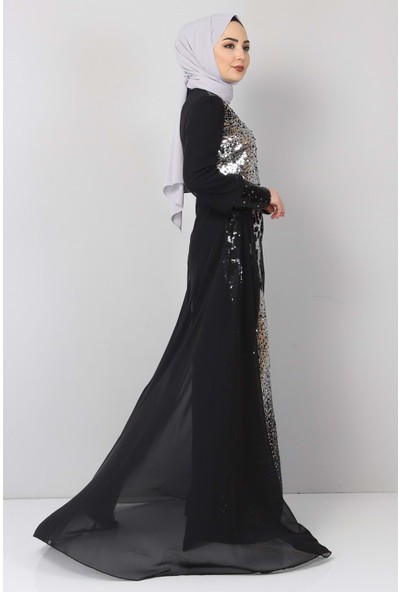 Şifon Detay Pulpayetli Abiye Gri Şifon Detay Pulpayetli Abiye Gri