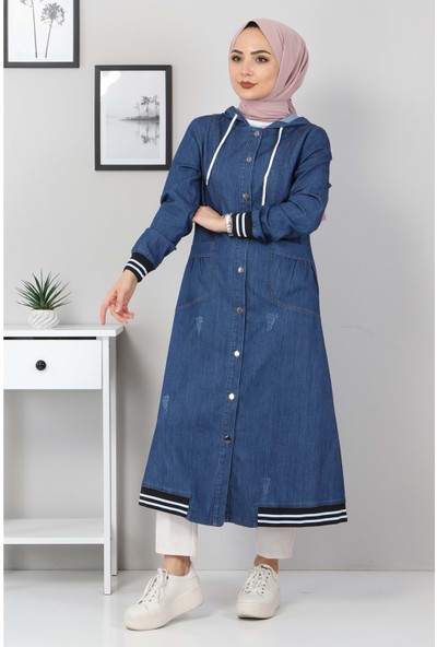 Düğmeli Ribanalı Kot Kap Koyu Mavi
