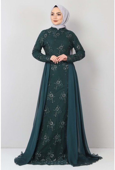 Şifon Pelerinli Dantel Abiye Zümrüt