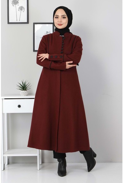 Düğme Detaylı Tesettür Kaşe Kaban Bordo