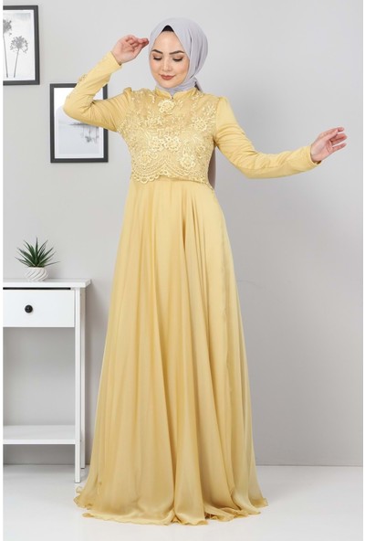 Inci Dantelli Şifon Abiye Sarı Inci Dantelli Şifon Abiye Sarı