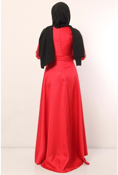 Pulpayetli Peplum Tesettür Abiye Kırmızı Pulpayetli Peplum Tesettür Abiye Kırmızı