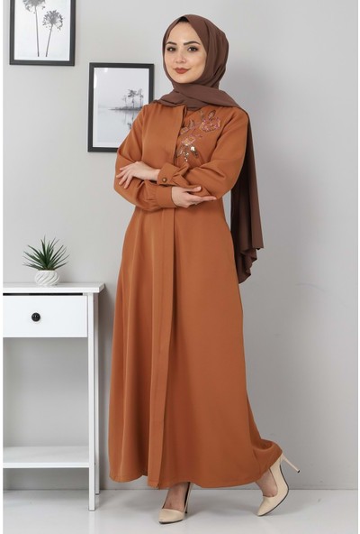 Nakış Detaylı Tesettür Ferace Taba