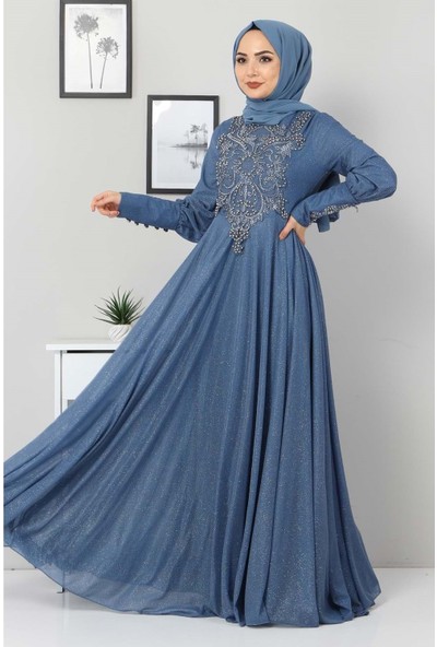 Dantel Detaylı Abiye Mavi Dantel Detaylı Abiye Mavi