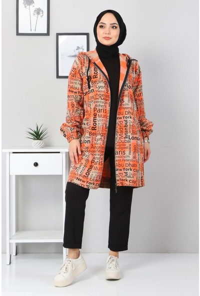 Yazı Baskılı Kapşonlu Kap Turuncu