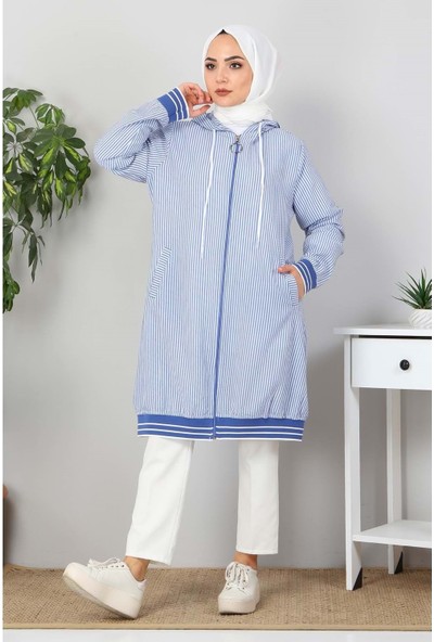 Ribanalı Kapşonlu Kap Mavi