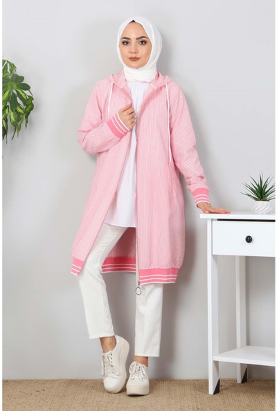 Ribanalı Kapşonlu Kap Pembe