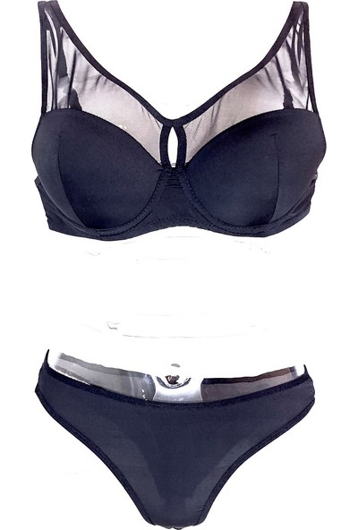 Pırıltılina Tül Dekolteli Siyah Sütyen - Büstiyer Takımı