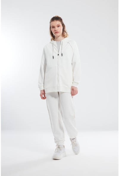 Fermuarlı Karyoka Dikişli Ekru Sweatshirt