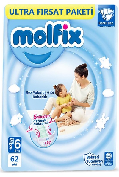 Molfix Bebek Bezi 3D 6 Beden Extra Large 15+ kg 62'li Molfix Bebek Bezi 3D 6 Beden Extra Large 15+ kg 62'li
