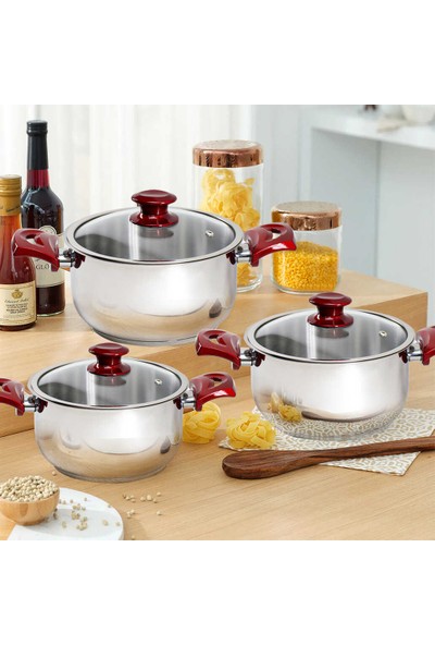 Porsima Sole Melissa Cam Kapaklı 3lü Çelik Tencere Takımı Kırmızı Porsima Sole Melissa Cam Kapaklı 3lü Çelik Tencere Takımı Kırmızı