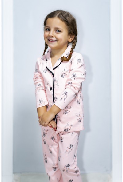 Bebek Kurdelalı Tavşan Figürlü Düğmeli Pijama Takımı-Somon