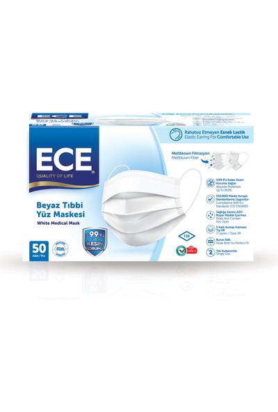 Ece Full Ultrasonik Meltblownlu Beyaz Maske 50'li Ece Full Ultrasonik Meltblownlu Beyaz Maske 50'li
