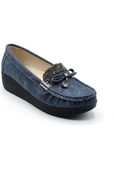 Gülçin Ayakkabı Kadın Dolgulu Taşlı Keten Ayakkabı