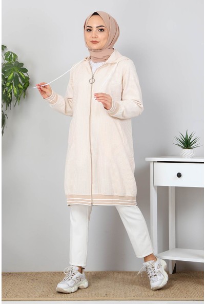Ribanalı Kapşonlu Kap Bej