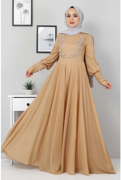 Dantel Detaylı Simli Abiye Gold Dantel Detaylı Simli Abiye Gold