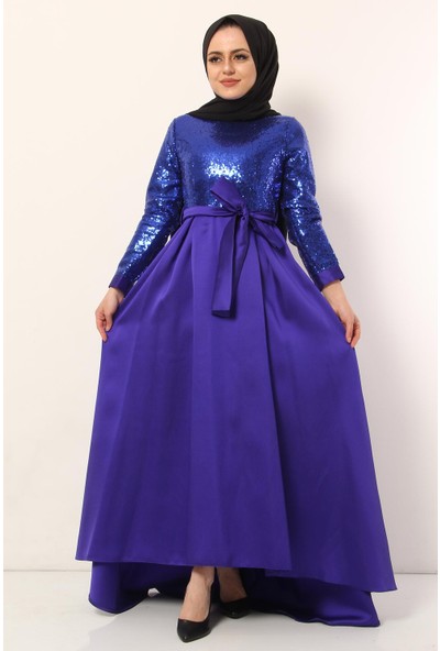 Pulpayetli Peplum Tesettür Abiye Saks Pulpayetli Peplum Tesettür Abiye Saks