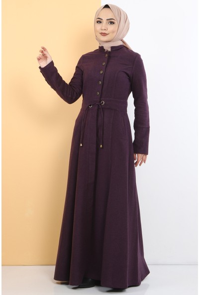 Düğmeli Tesettür Kaşe Kaban Mor