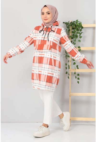 Kapşonlu Fermuarlı Polar Sweatshirt Kiremit