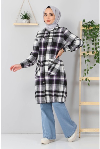 Düğmeli Kapşonlu Kap Mor