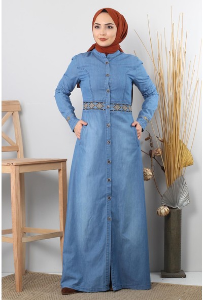 Nakışlı Kot Ferace Açık Kot