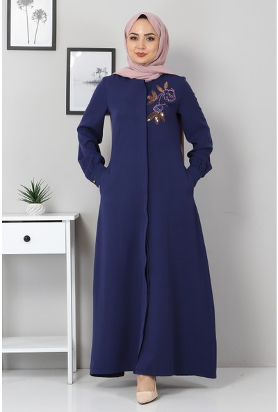 Nakış Detaylı Tesettür Ferace Indigo
