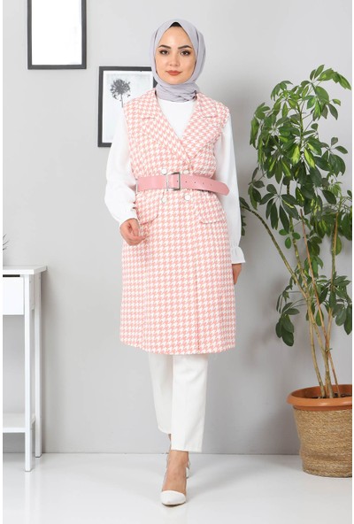 Kazayağı Desenli Tesettür Ceket Pudra