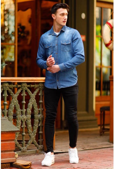 Çıtçıtlı Erkek Kot Gömlek Koyu Mavi