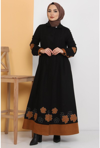 Çiçek Nakışlı Tesettür Kaşe Kaban Siyah-Taba Çiçek Nakışlı Tesettür Kaşe Kaban Siyah-Taba