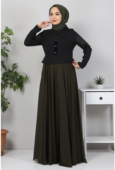 Nakışlı Şifon Abiye Haki