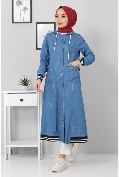 Düğmeli Ribanalı Kot Kap Açık Mavi