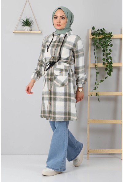 Düğmeli Kapşonlu Kap Haki