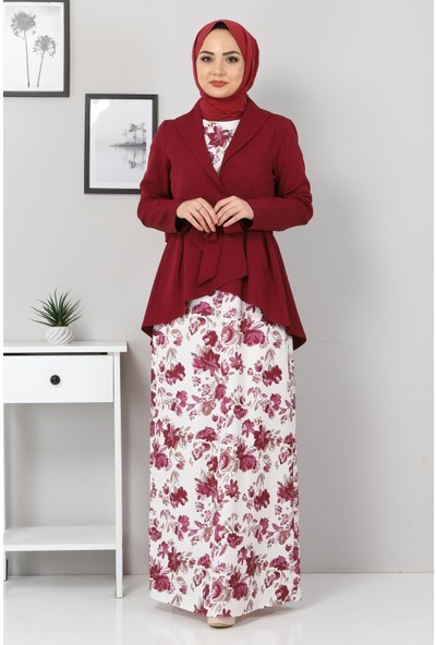 Çiçekli Ceketli Kombin Bordo