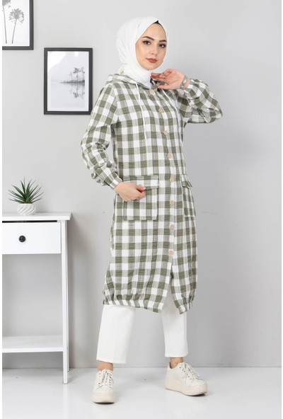 Kare Desen Düğmeli Kap Haki